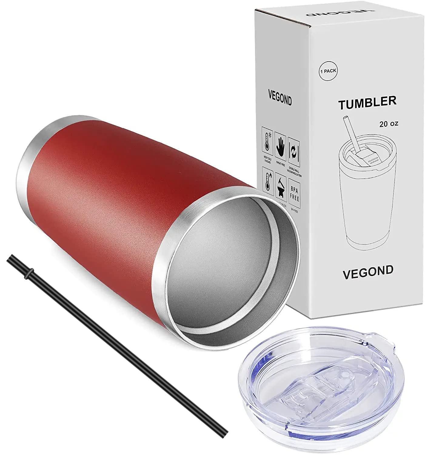 VEGOND 20oz Tumbler with Lid and Straw Stainless Steel Tumbler Cup Vacuum Insulated Double Wall Travel Coffee Mug Powder Coated Coffee Cup(Powder Red 1 Pack)