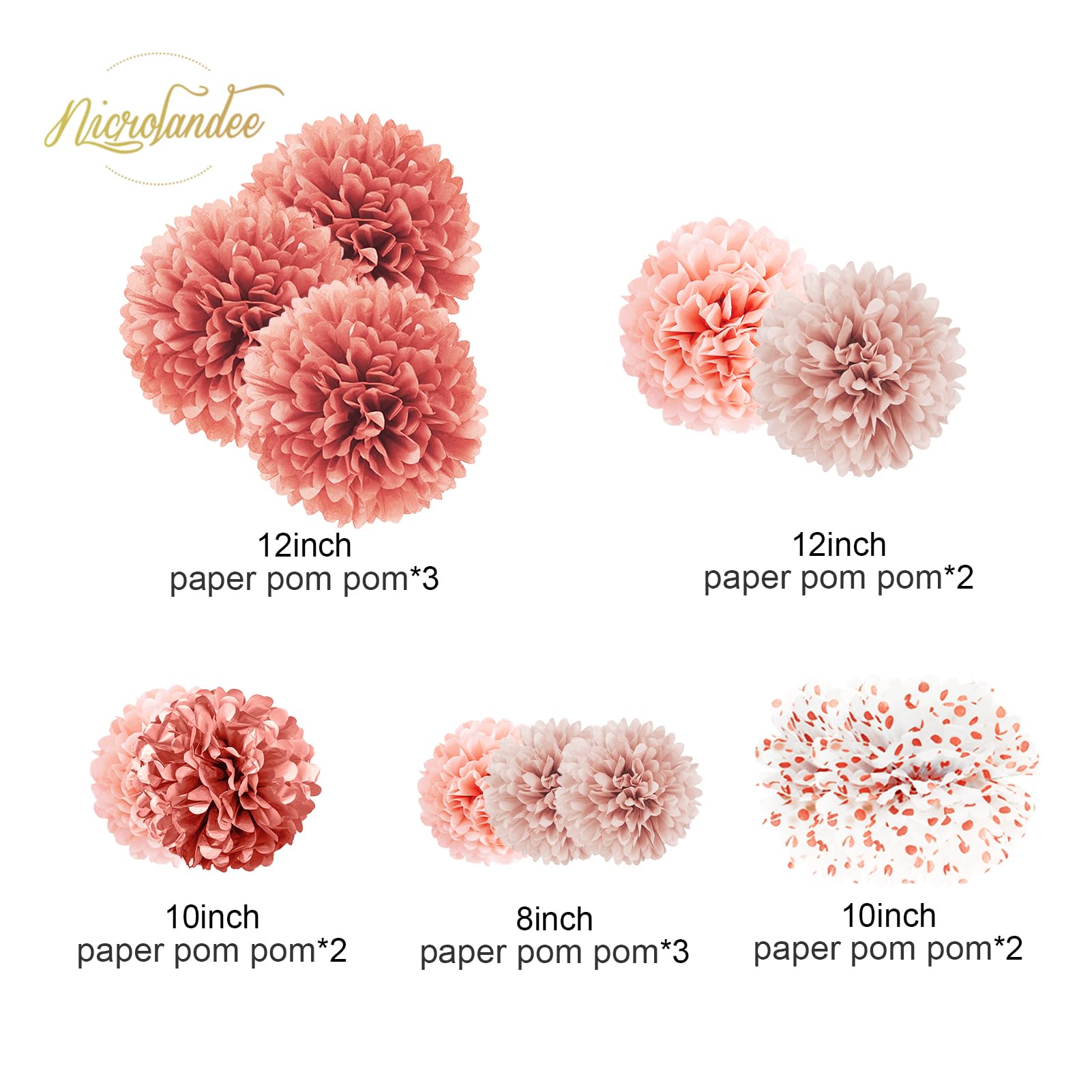 NICROLANDEE Wedding Decorations - 12 PCS Rose Gold Tissue Paper Pom Poms for Engagement Party Wedding Birthday Bridal Shower Bachelorette Baby Shower Ceiling Valentine's Day Party Backdrop Decor