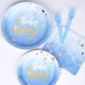 DECORLIFE Baby Shower Plates and Napkins for Boy Serves 24, Blue Baby Boy Plates, Forks Included, Total 96PCS