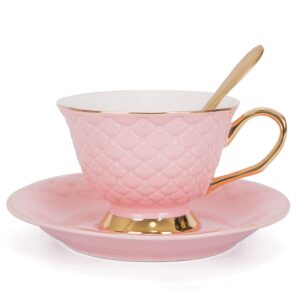 vanenjoy pink vintage 8 ounces porcelain coffee cup,tea cup and saucer set and saucer with decorative scale pattern, vintage