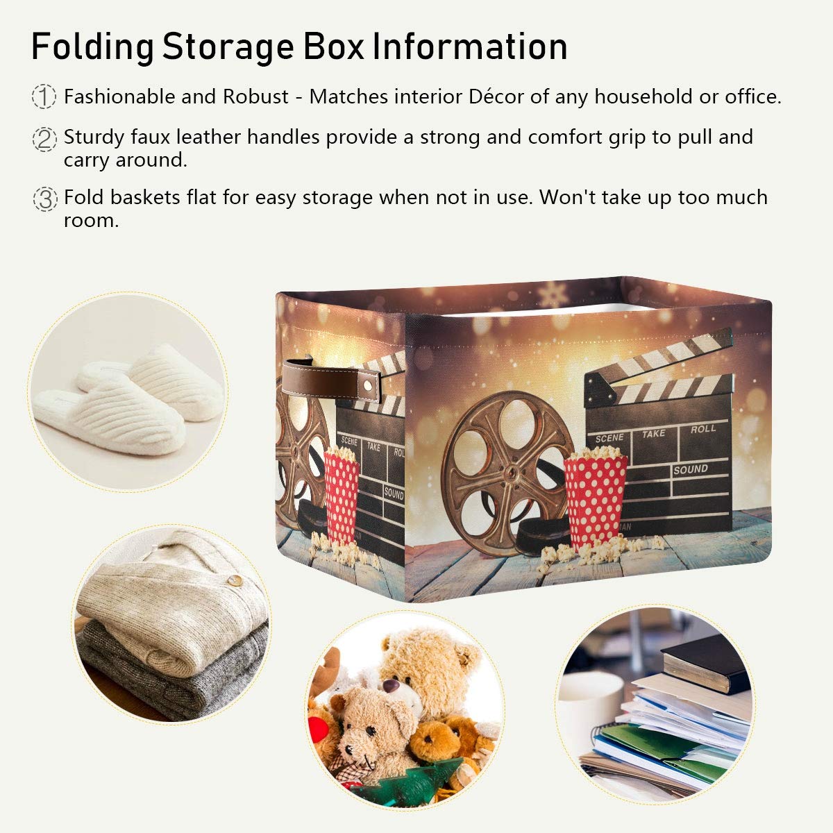 HMZXZ QMXO Film Popcorn Movie Clapboard Canvas Fabric Storage Basket Collapsible Toys Storage Bin with PU Leather Handles Basket Box Organizer for Wardrobe Closet Shelves Organiser