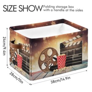 HMZXZ QMXO Film Popcorn Movie Clapboard Canvas Fabric Storage Basket Collapsible Toys Storage Bin with PU Leather Handles Basket Box Organizer for Wardrobe Closet Shelves Organiser