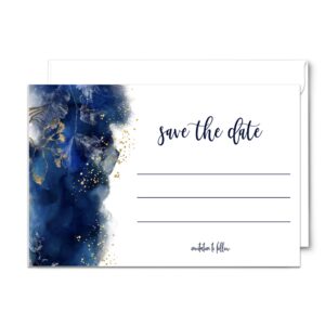 paper clever party blue save the date with envelopes, all occasion cards for wedding invitations, birthday, graduation, watercolor gold floral, 3.5x5, 25 pack