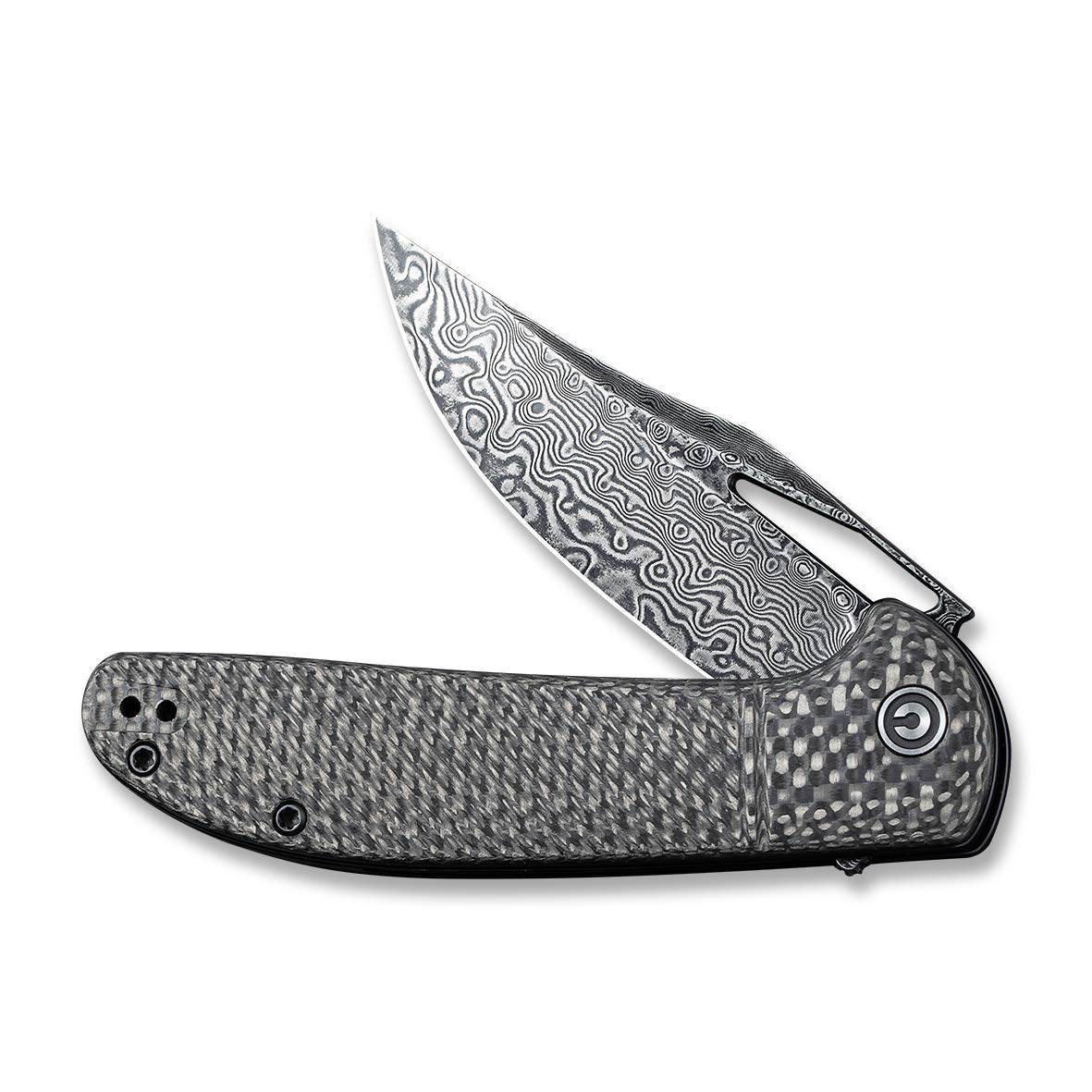 CIVIVI Ortis Flipper Pocket Knife Twill Carbon Fiber Handle (3.25" Black Hand Rubbed Damascus) C2013DS-1