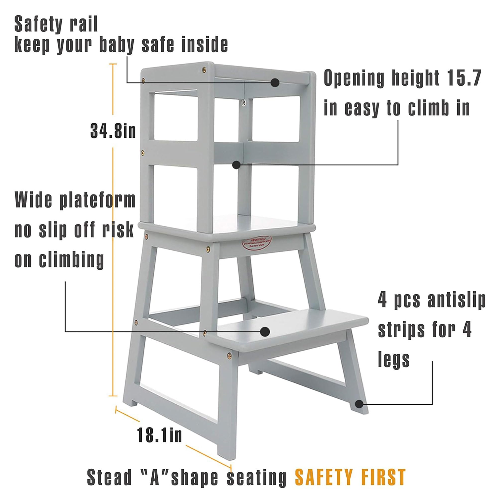 SDADI Kitchen Step Stool for Toddlers and Kids Ages 18 Months to 3 Years Old with Adjustable Height and Solid Wood Railings, Gray