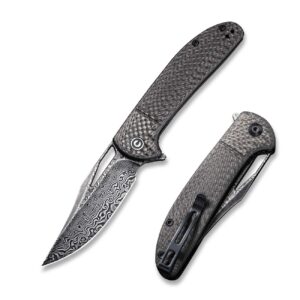 civivi ortis flipper pocket knife twill carbon fiber handle (3.25" black hand rubbed damascus) c2013ds-1