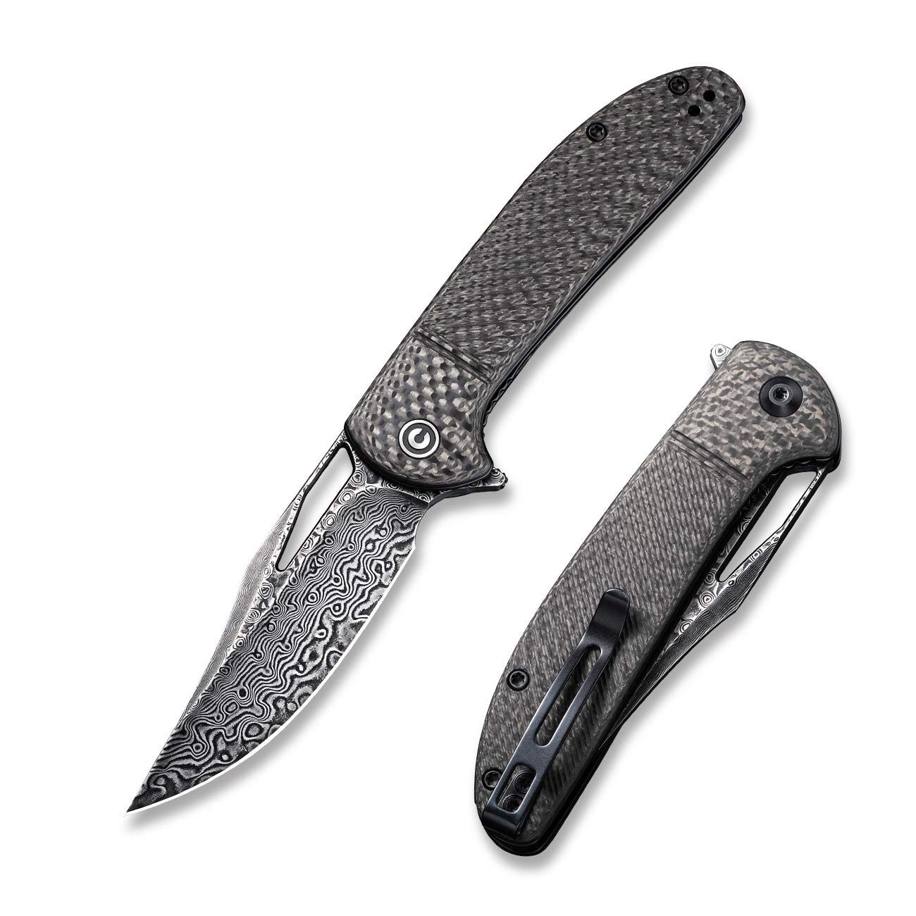 CIVIVI Ortis Flipper Pocket Knife Twill Carbon Fiber Handle (3.25" Black Hand Rubbed Damascus) C2013DS-1