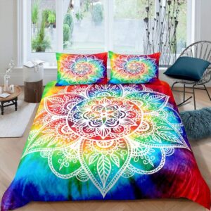 white mandala floral print duvet set teens youngs colored tie dye base bedding cover king mulit-colors background 3 pieces comforter sets(1 duvet cover 2 pillow cases),no comforter