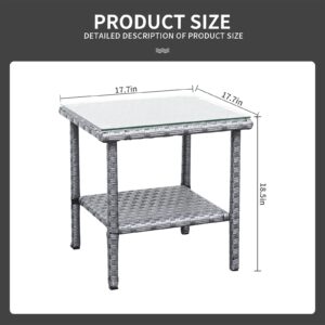 Outdoor PE Wicker Side Table - Patio Rattan Garden Coffee End Square Table with Glass Top Furniture, Grey