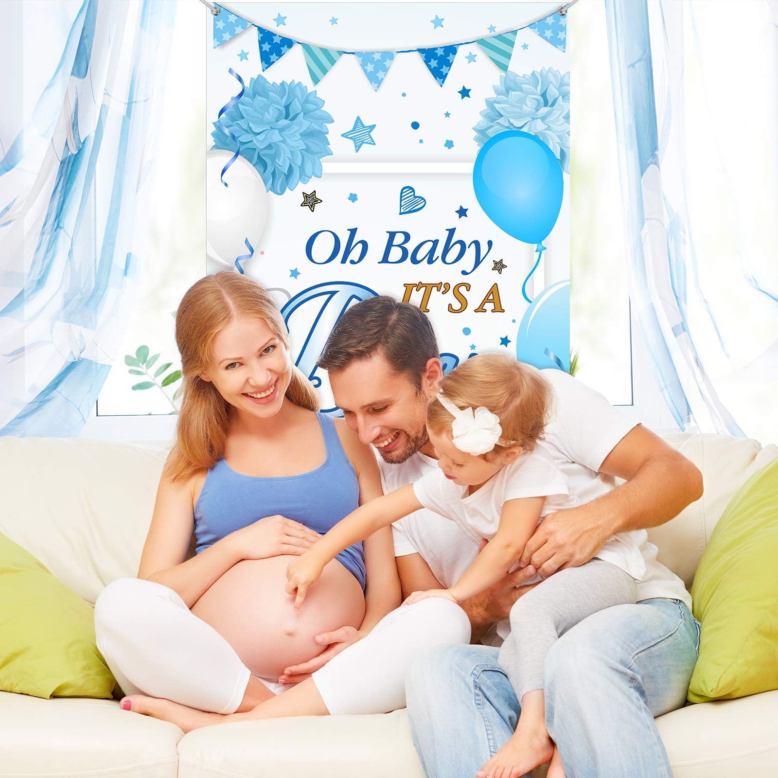 Baby Shower Decorations, Welcome It is a Boy Sign Banner Door Cover Blue Photo Backdrop for Baby Shower Party Supplies, 70.87 x 35.43 inch