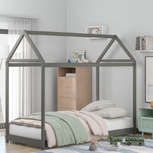 meritline house bed twin size kids bed frame with roof, no box spring needed (grey, twin)