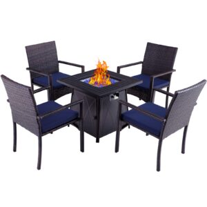 sophia & william outdoor 5 pieces dining set with 1 square gas fire pit table and 4 pe rattan chairs, modern 2 in 1 50000 btu patio propane firepits table auto-ignition black 28.4"l x 28.4"wx 24.8"h