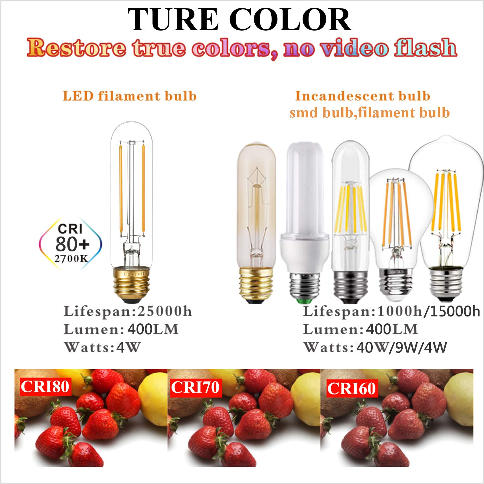 LiteHistory Dimmable E26 LED Bulb 4W Equal 40 Watt Warm White 2700K E26 Edison AC120V 400lm Tubular T9 T10 LED Light Bulb for Rustic Pendant,Chandeliers,Wall sconces 6Pack