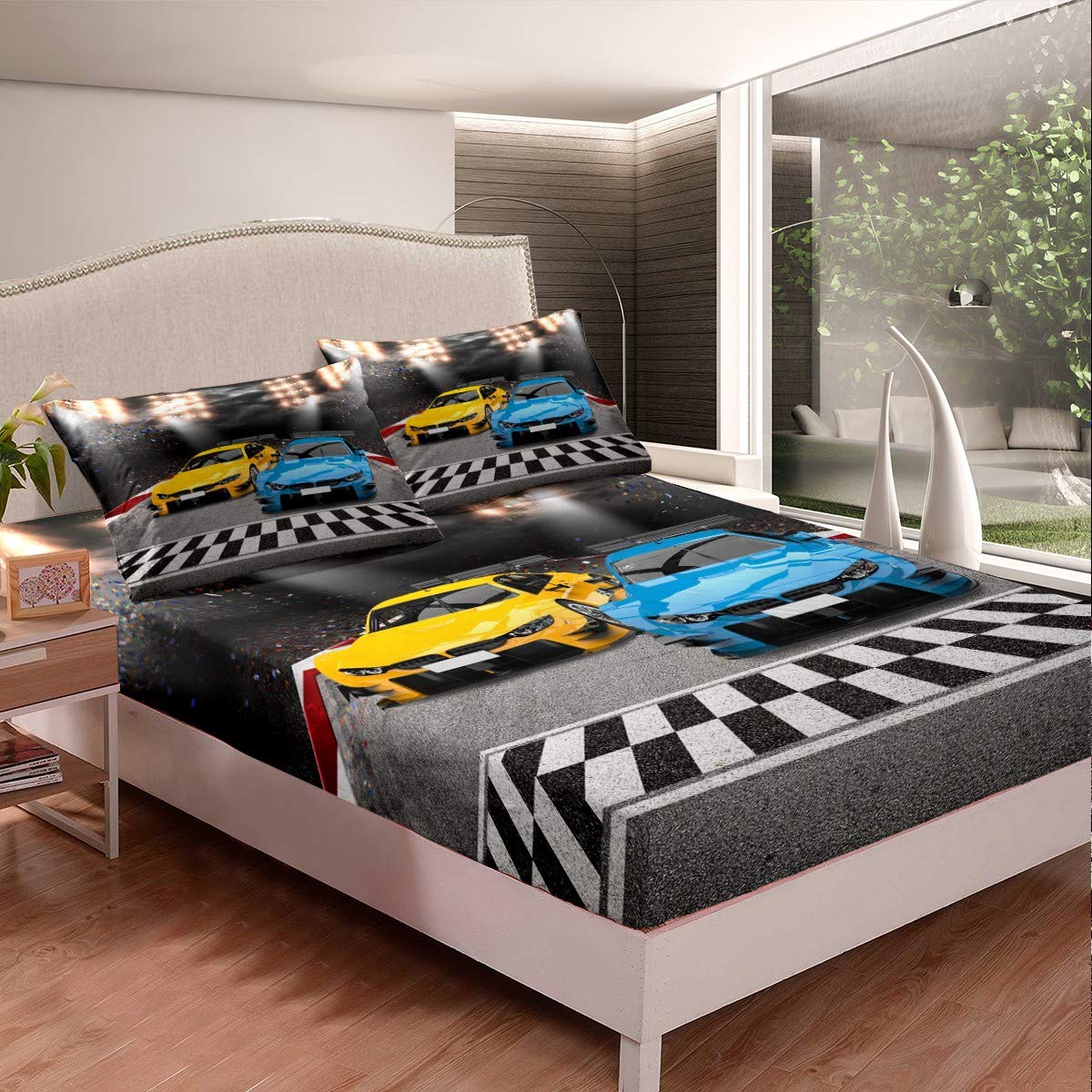 Feelyou Sports Car Bedding Set Extreme Sports Decor Bed Sheet Set for Kids Boys Yellow Blue Race Car Bed Sheets Cool Speed Racing Car Fitted Sheet Bedroom Collection 3Pcs Queen Size (NoFflat Sheet)