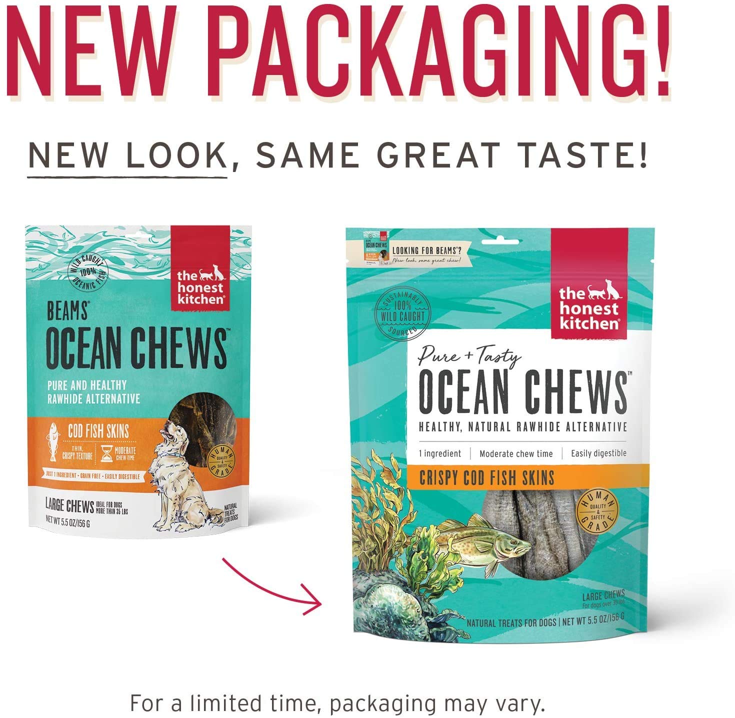 The Honest Kitchen 3 Pack of Crispy Cod Fish Skins Ocean Chews Single-Ingredient Dog Treats, 5.5 Ounces Each