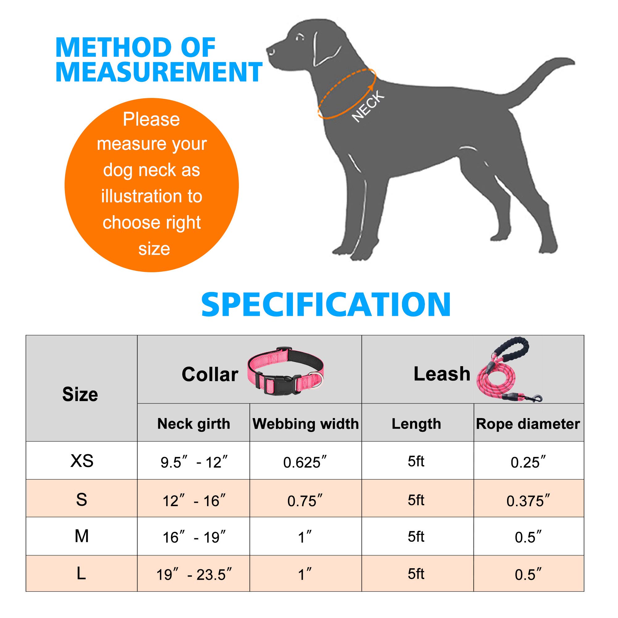 Ladoogo Reflective Dog Collar Padded with Soft Neoprene Breathable Adjustable Nylon Dog Collars for Small Medium Large Dogs (Large (Pack of 1), Pink Collar+Leash)