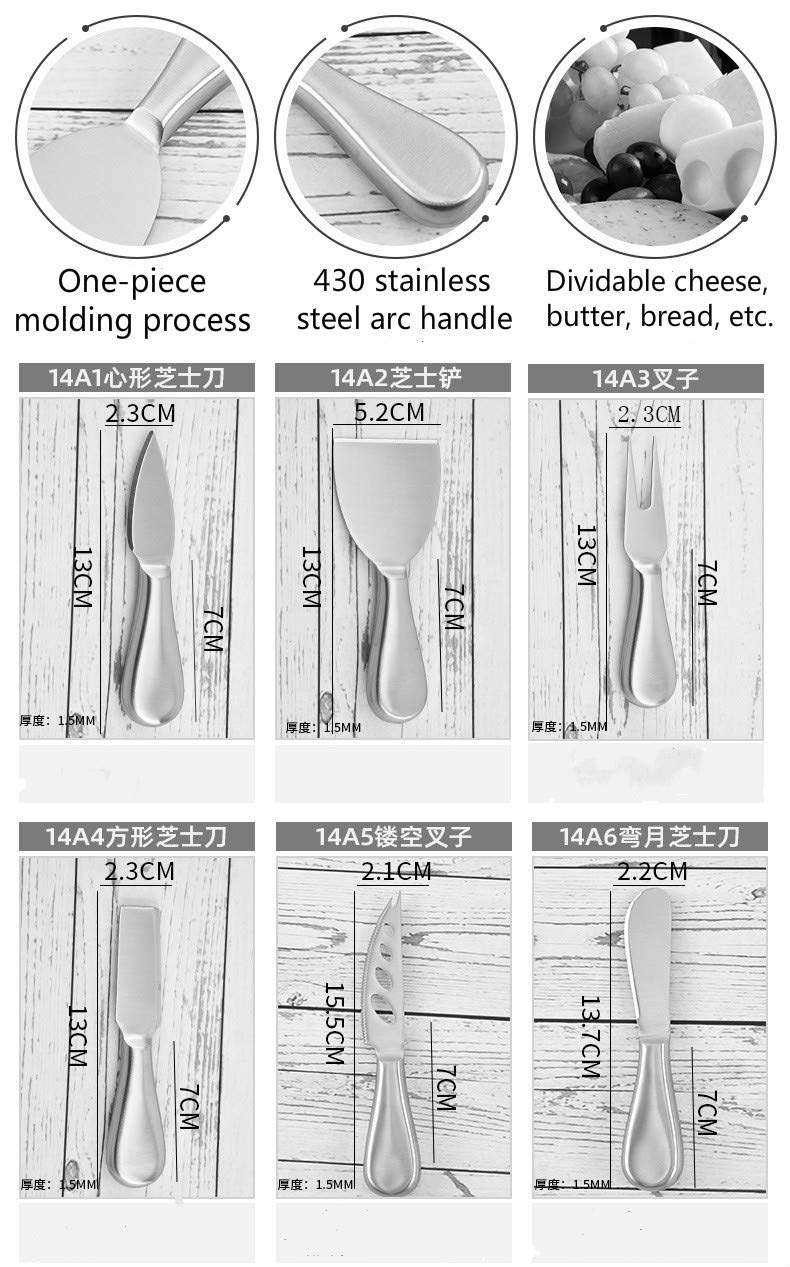 Linwnil 6 Pieces Set Cheese Knives, Steel Stainless Cheese Slicer Cheese Cutter Cheese Fork Light Weight One-Piece Silver Design