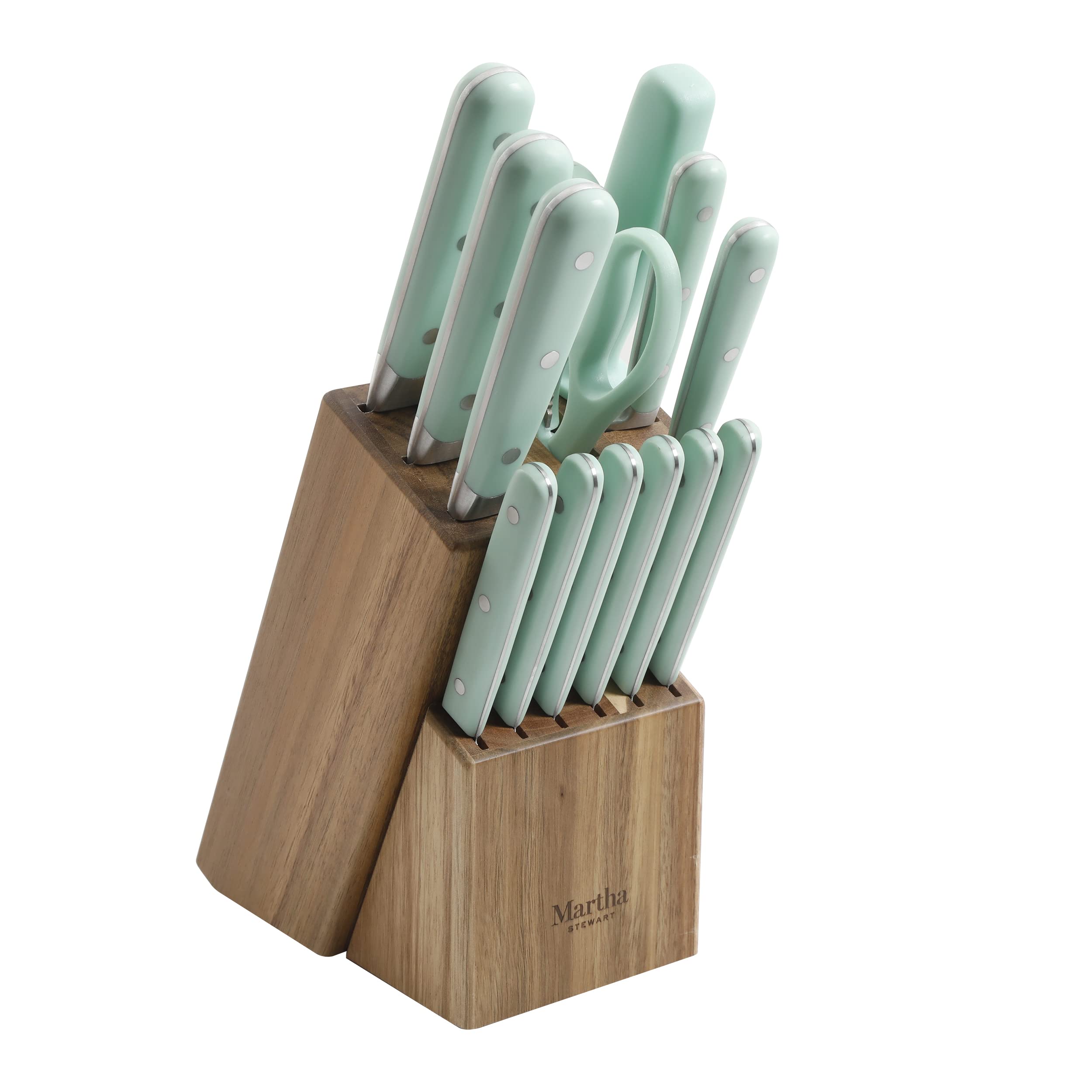 Martha Stewart 14 Piece High Carbon Stainless Steel Cutlery Knife Block Set w/ABS Triple Riveted Forged Handle Ashwood Block - Martha Blue