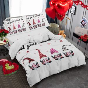 valentine's day gnomes 4 pieces california king duvet cover sheet set cute cartoon dwarfs romantic bedding sets luxury soft bed quilt cover bedspread with decorative pillowcases sweet love heart