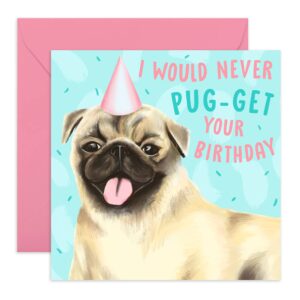 central 23 - happy birthday card - 'never pug-get' - cute dog pun - birthday cards for him her men women - comes with stickers