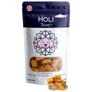 holi freeze dried salmon dog treats - with omega 3 and 6 fish oil - all natural dog treats - human grade - wild caught skin on salmon - made in usa - grain free - diabetic friendly