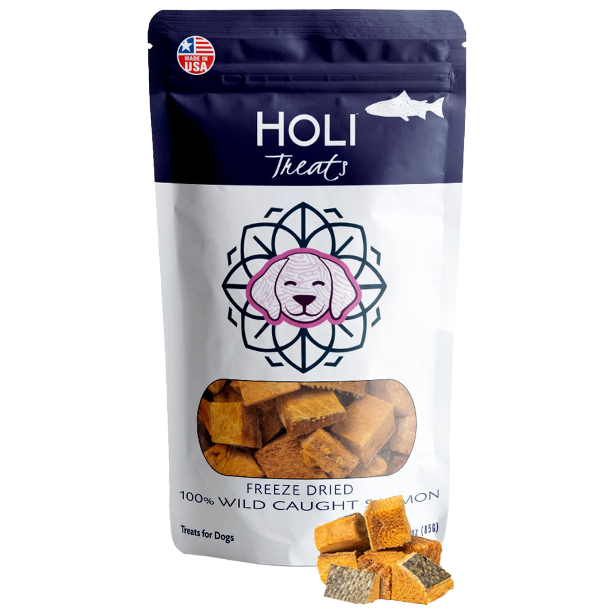 HOLI Freeze Dried Salmon Dog Treats - with Omega 3 and 6 Fish Oil - All Natural Dog Treats - Human Grade - Wild Caught Skin on Salmon - Made in USA - Grain Free - Diabetic Friendly