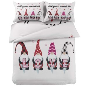 Valentine's Day Gnomes 4 Pieces California King Duvet Cover Sheet Set Cute Cartoon Dwarfs Romantic Bedding Sets Luxury Soft Bed Quilt Cover Bedspread with Decorative Pillowcases Sweet Love Heart