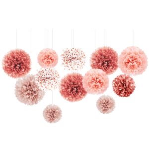 nicrolandee wedding decorations - 12 pcs rose gold tissue paper pom poms for engagement party wedding birthday bridal shower bachelorette baby shower ceiling valentine's day party backdrop decor