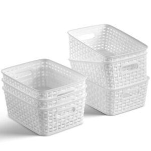 set of 6 plastic storage baskets - small pantry organizer basket bins - household organizers with cutout handles for kitchen organization, countertops, cabinets, bedrooms, and bathrooms