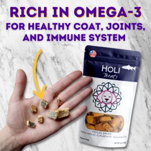 HOLI Freeze Dried Salmon Dog Treats - with Omega 3 and 6 Fish Oil - All Natural Dog Treats - Human Grade - Wild Caught Skin on Salmon - Made in USA - Grain Free - Diabetic Friendly