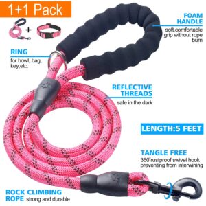 Ladoogo Reflective Dog Collar Padded with Soft Neoprene Breathable Adjustable Nylon Dog Collars for Small Medium Large Dogs (Large (Pack of 1), Pink Collar+Leash)