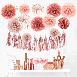 NICROLANDEE Wedding Decorations - 12 PCS Rose Gold Tissue Paper Pom Poms for Engagement Party Wedding Birthday Bridal Shower Bachelorette Baby Shower Ceiling Valentine's Day Party Backdrop Decor