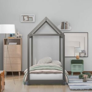 MERITLINE House Bed Twin Size Kids Bed Frame with Roof, No Box Spring Needed (Grey, Twin)