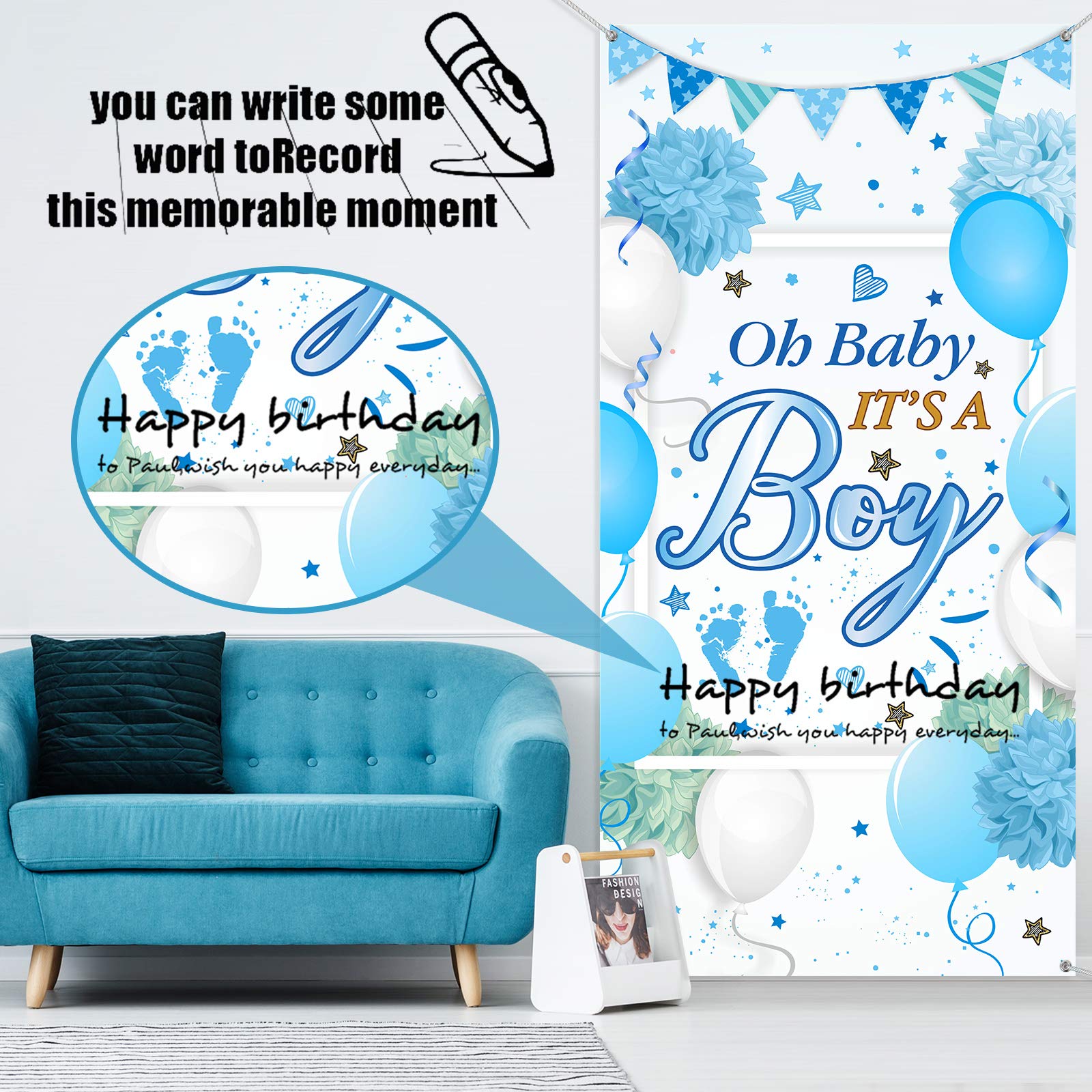 Baby Shower Decorations, Welcome It is a Boy Sign Banner Door Cover Blue Photo Backdrop for Baby Shower Party Supplies, 70.87 x 35.43 inch