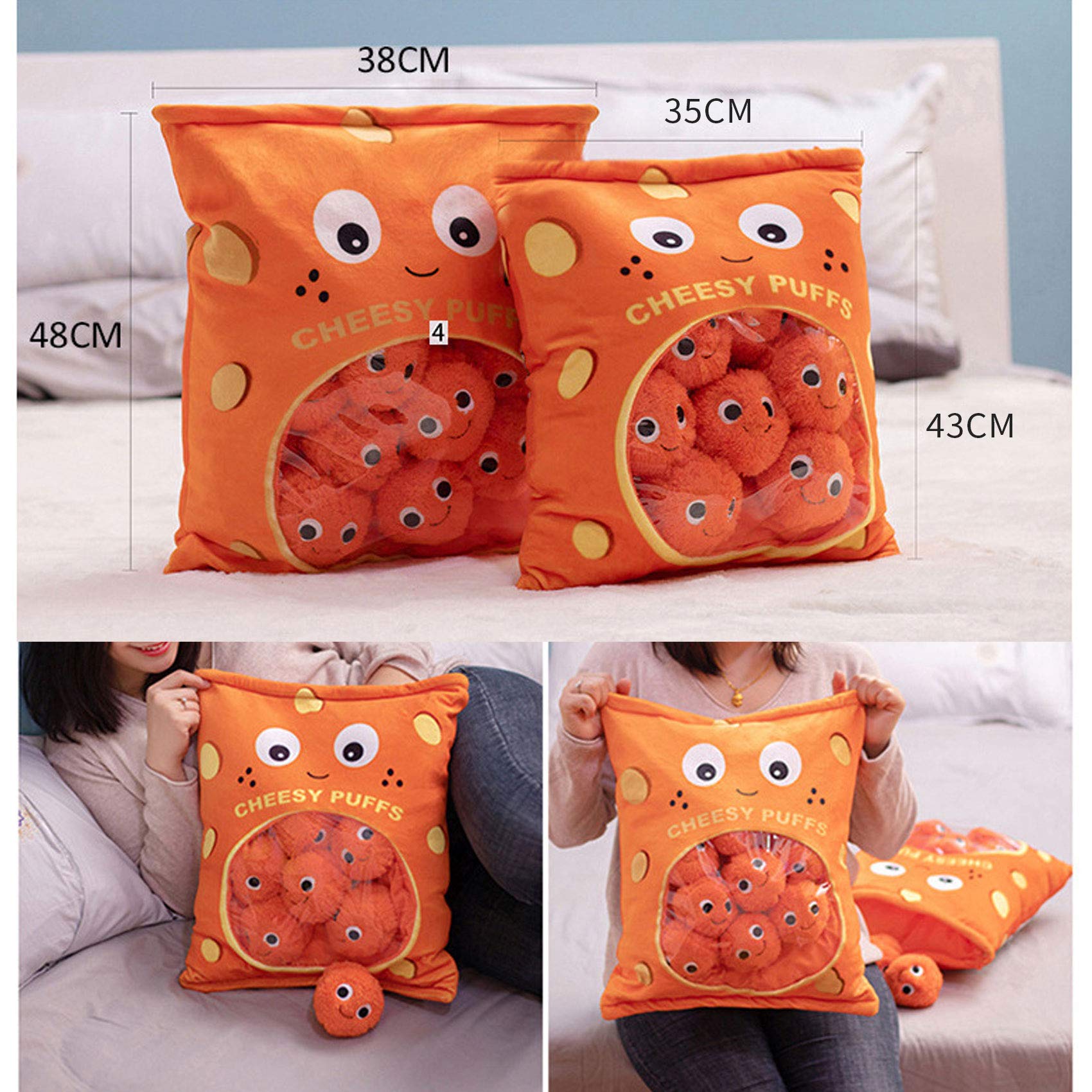 Angleliu Cheesy Puffs Plush Pillow,Stuffed Toy Game Pillow with a Bag of Cheesy Puffs Balls,for Children Sleep Home Decoration (Small)