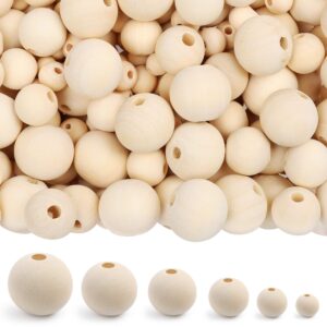 lotfancy wooden beads, 500pcs 6 sizes unfinished natural wood beads for crafts, round predrilled wooden balls for garland macrame jewelry farmhouse décor (8mm 10mm 12mm 14mm 16mm 18mm)