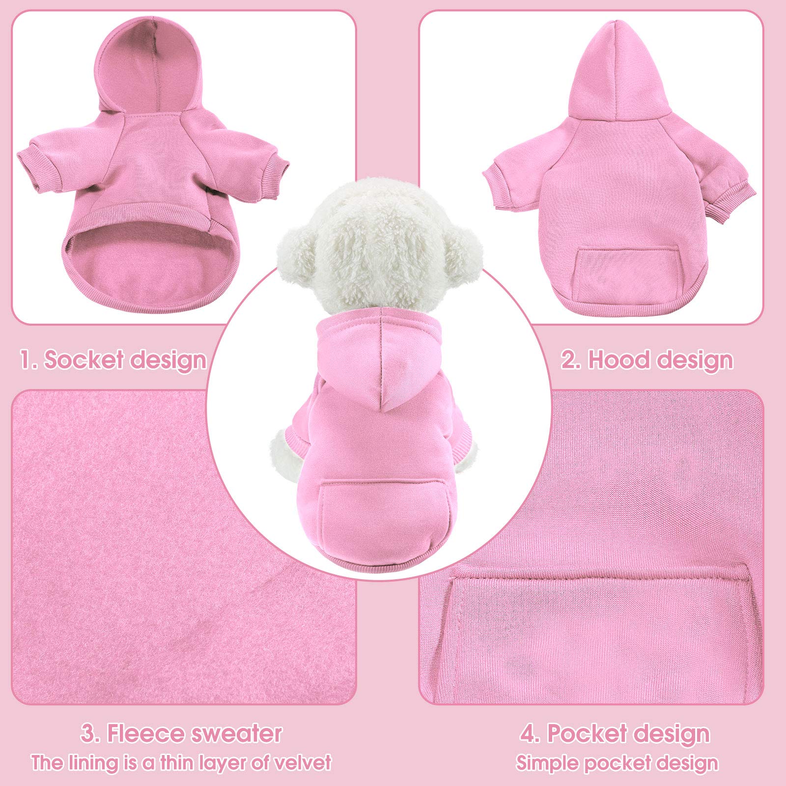 2 Pieces Winter Dog Hoodie Warm Small Dog Sweatshirts with Pocket Cotton Coat for Chihuahua Clothes Puppy Costume(S,Pink, Light Purple)