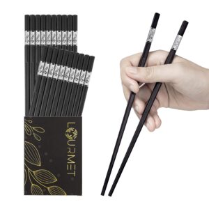 lourmet 10 pair fiberglass chopsticks – 9.5 inches long reusable chopsticks dishwasher safe for asian food, light weight japanese chopsticks strong grip sturdy material – black silver chopsticks set