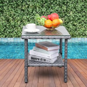 Outdoor PE Wicker Side Table - Patio Rattan Garden Coffee End Square Table with Glass Top Furniture, Grey