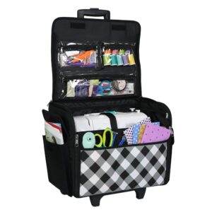 everything mary rolling sewing machine storage and transport tote, 75d polyester buffalo check with wheels