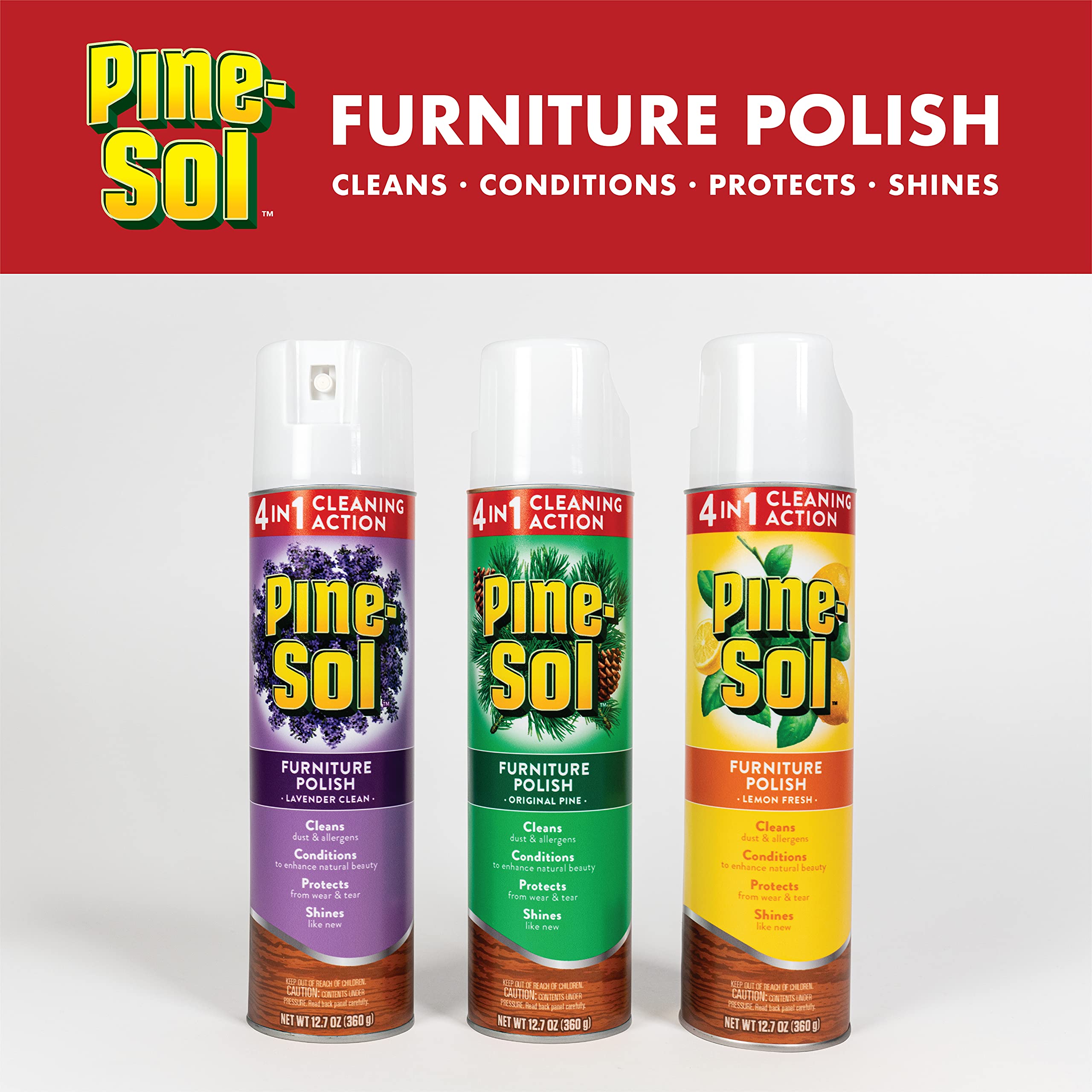 Pine-Sol Furniture, Polish 4in1 Cleaning Action Wood Polish Spray Wood Polish Spray for Your Cleans Conditions Protects and Shines Ounces Original Pine Scent, Yellow, Lemon, 12.7 Fl Oz