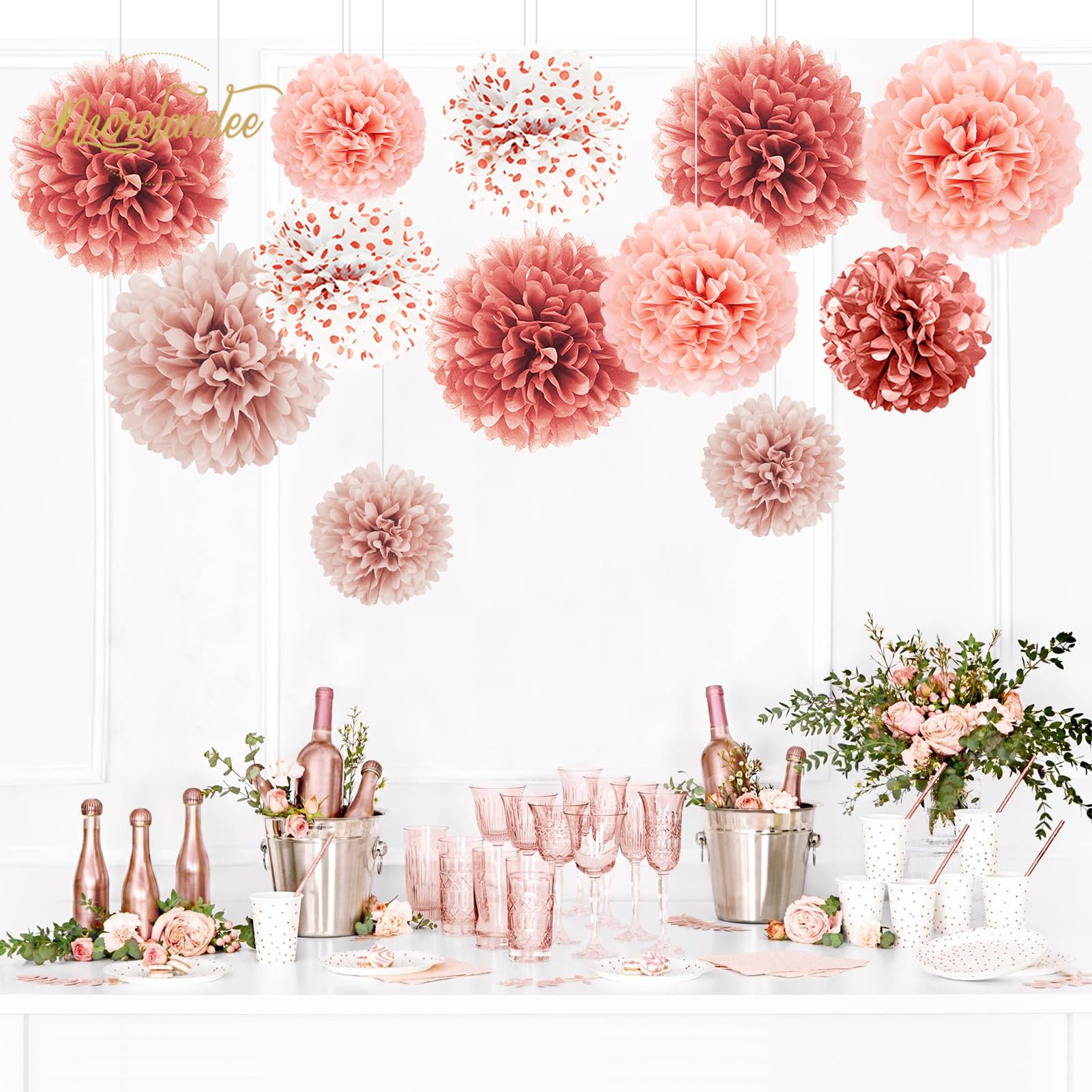 NICROLANDEE Wedding Decorations - 12 PCS Rose Gold Tissue Paper Pom Poms for Engagement Party Wedding Birthday Bridal Shower Bachelorette Baby Shower Ceiling Valentine's Day Party Backdrop Decor