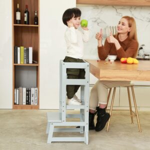 SDADI Kitchen Step Stool for Toddlers and Kids Ages 18 Months to 3 Years Old with Adjustable Height and Solid Wood Railings, Gray