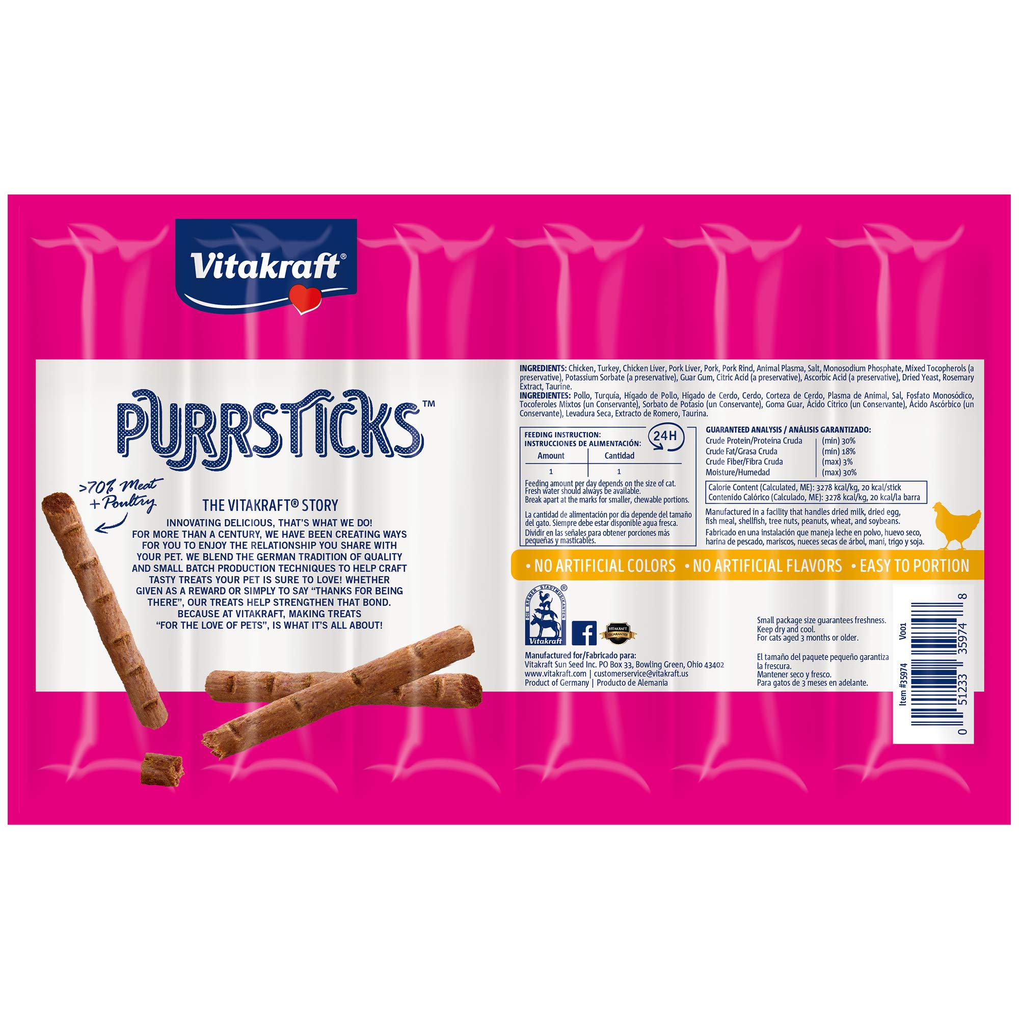 Vitakraft PurrSticks Meaty Cat Sticks - Chicken - Segmented and Breakable Meatstick - Deliciously Tender - Multi Pack of 4