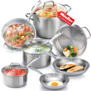 mueller pots and pans set 11-piece, ultra-clad pro stainless steel cookware set, ergonomic and evercool stainless steel handle, includes saucepans, skillets, stockpot, saute pan, steamer