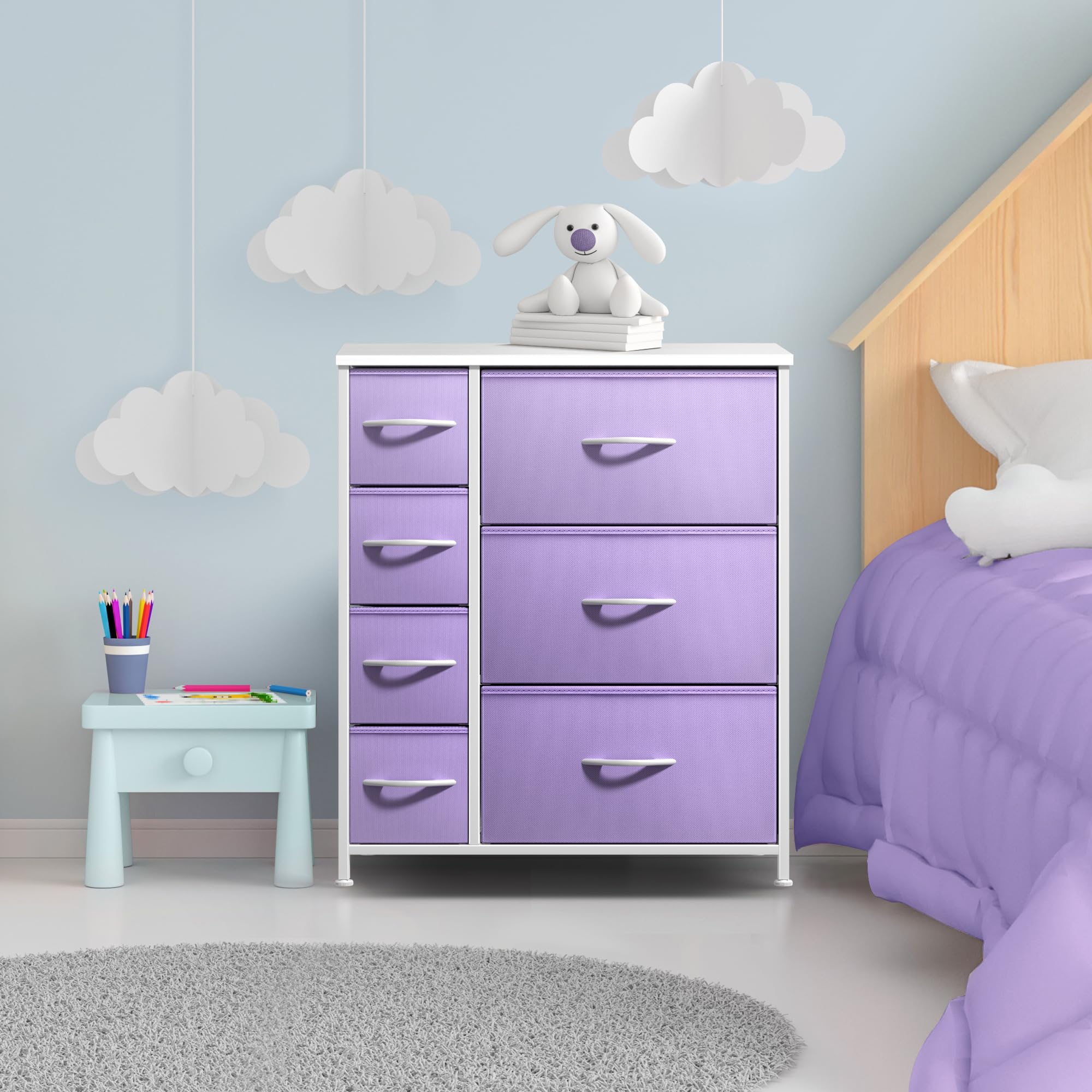 Sorbus Dresser with 7 Drawers - Furniture Storage Chest for Kid’s, Teens, Bedroom, Nursery, Playroom, Clothes, Toys - Steel Frame, Wood Top, Tie-dye Fabric Bins (7-Drawer, Pastel Purple)