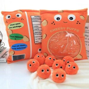 Angleliu Cheesy Puffs Plush Pillow,Stuffed Toy Game Pillow with a Bag of Cheesy Puffs Balls,for Children Sleep Home Decoration (Small)