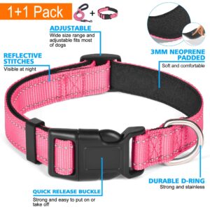 Ladoogo Reflective Dog Collar Padded with Soft Neoprene Breathable Adjustable Nylon Dog Collars for Small Medium Large Dogs (Large (Pack of 1), Pink Collar+Leash)