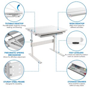 Mount-It! Height Adjustable Desk for Kids [31.5" x 26"] Children's Workstation with Tilting Desktop and Drawer for Storage, Ergonomic Study Table for Writing, Drawing, Reading, Studying (Gray)