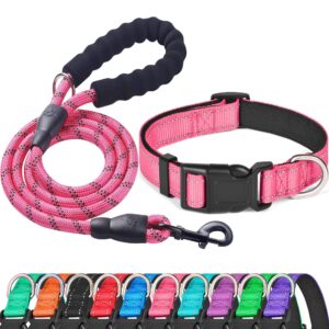 ladoogo reflective dog collar padded with soft neoprene breathable adjustable nylon dog collars for small medium large dogs (large (pack of 1), pink collar+leash)